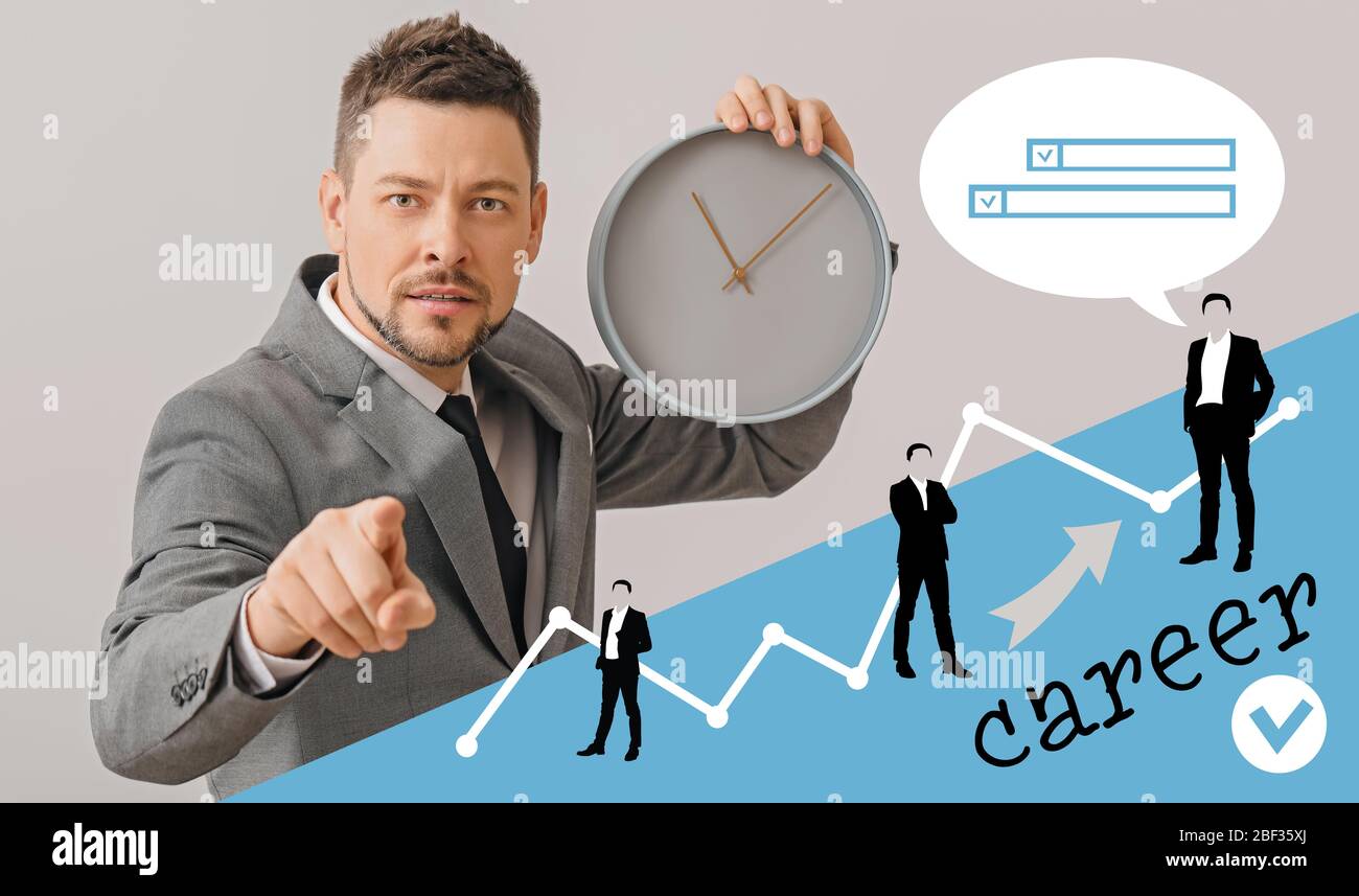 Businessman with clock on light background. Concept of career growth ...