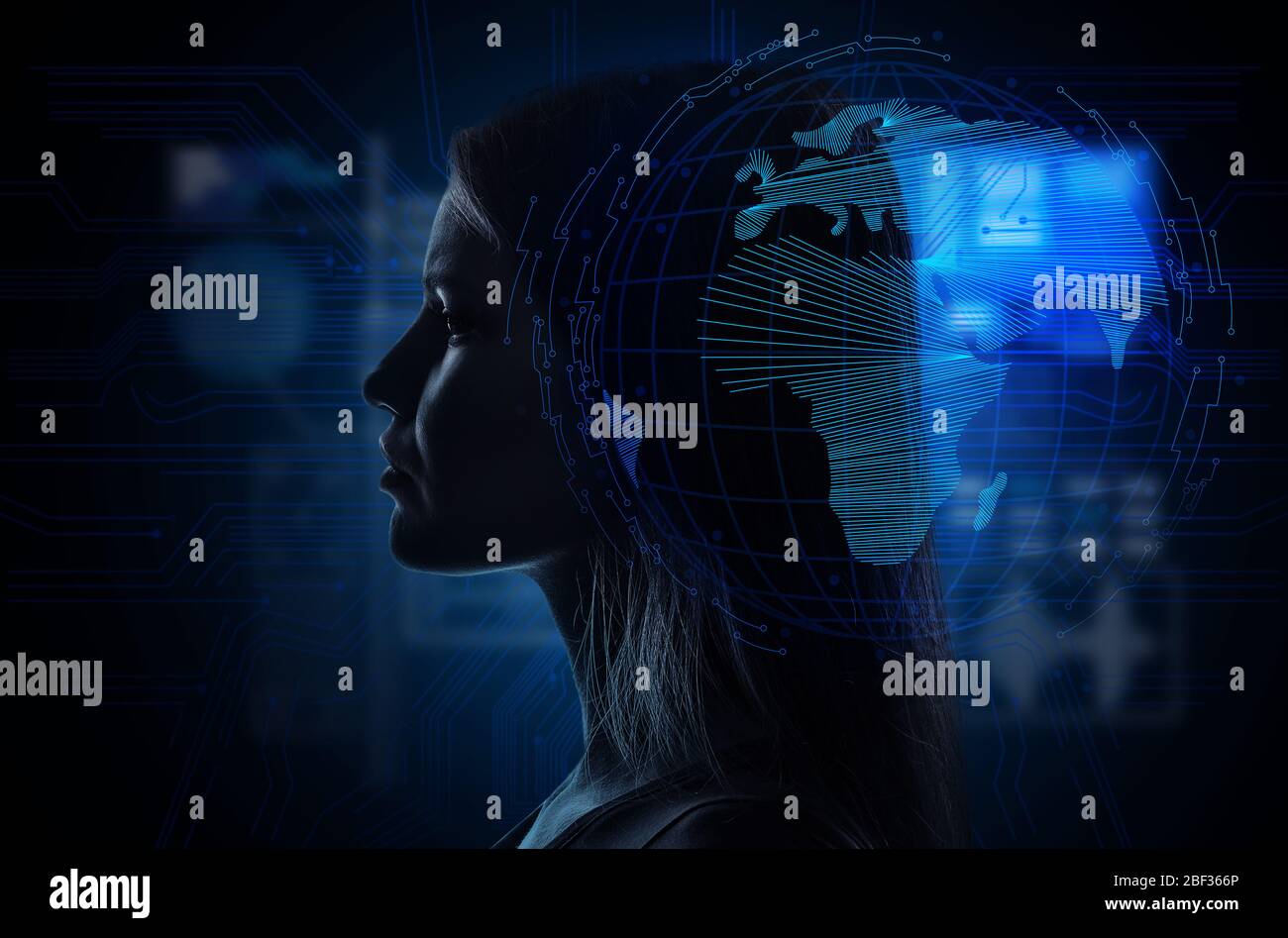 Double exposure of woman and model of Earth Stock Photo - Alamy