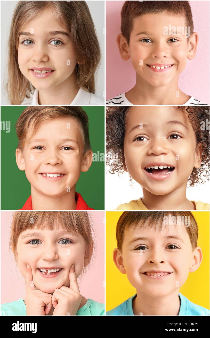 Collage of photos with different smiling children Stock Photo - Alamy