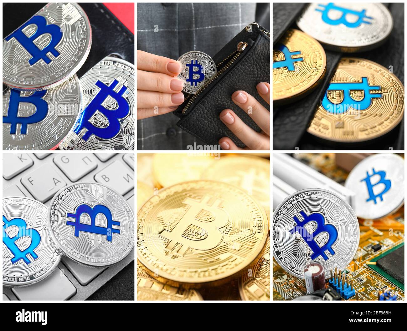 Collage of photos with golden and silver bitcoins Stock Photo - Alamy