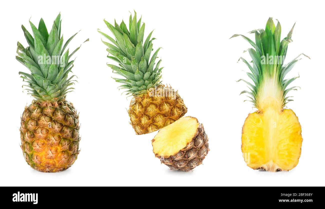 Set of fresh ripe pineapples on white background Stock Photo - Alamy