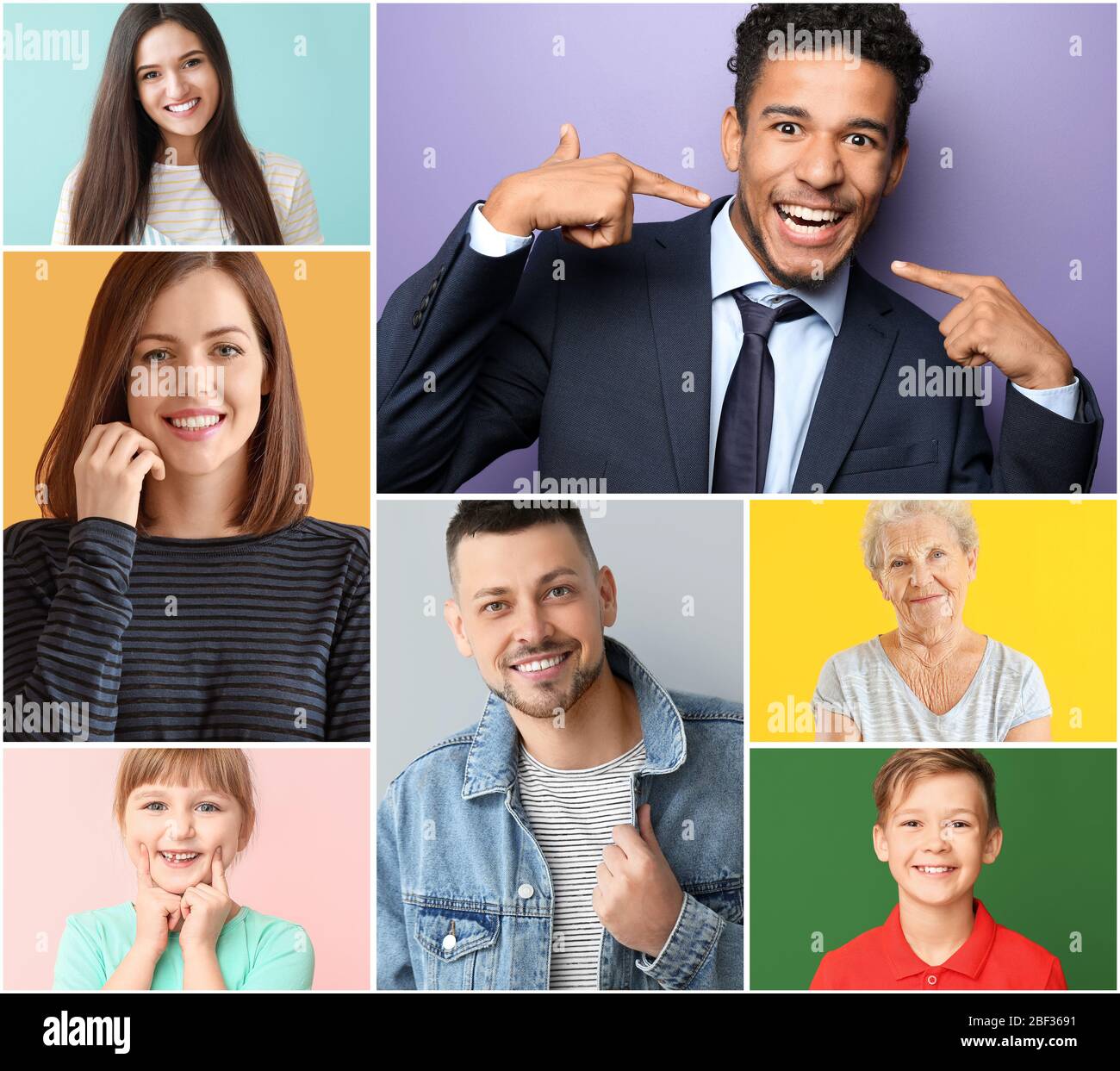 Collage of photos with different smiling people Stock Photo - Alamy