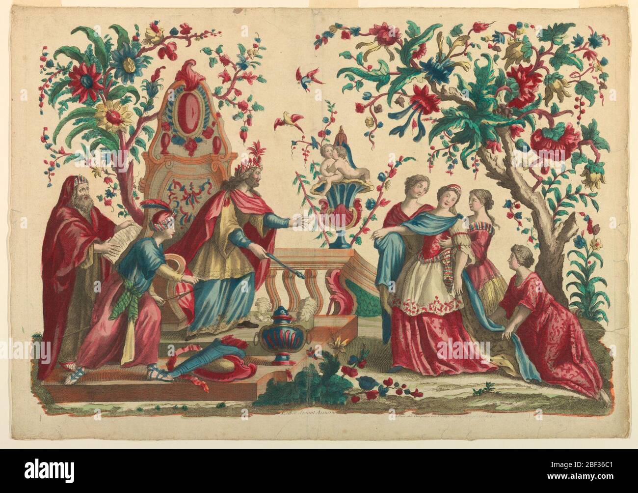 Esther before Ahasverus. Ahasverus rises from his throne, at left, to ...