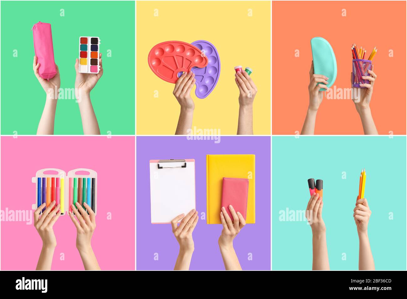 Many hands with school supplies on colorful background Stock Photo - Alamy