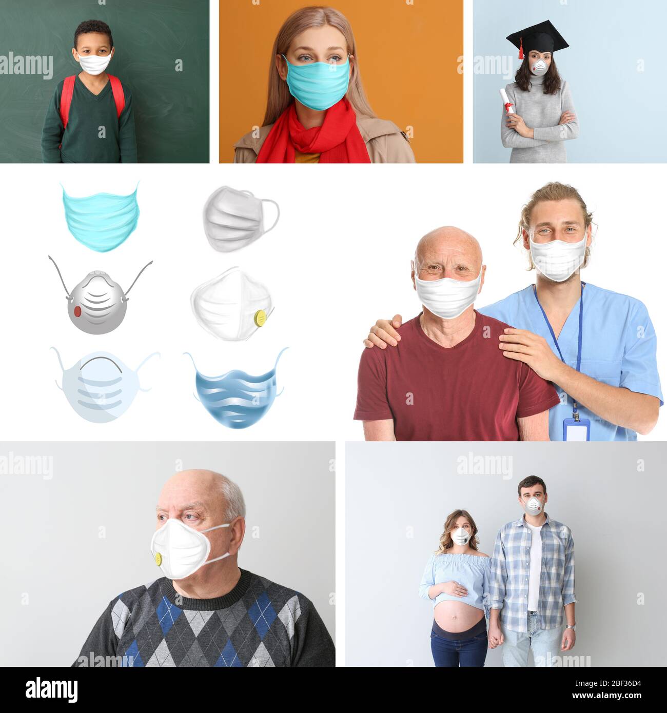 Collage of photos with different people wearing protective masks ...