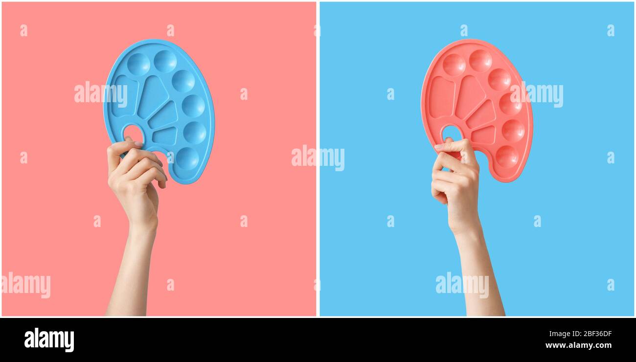 Female hands with paint palettes on color background Stock Photo - Alamy