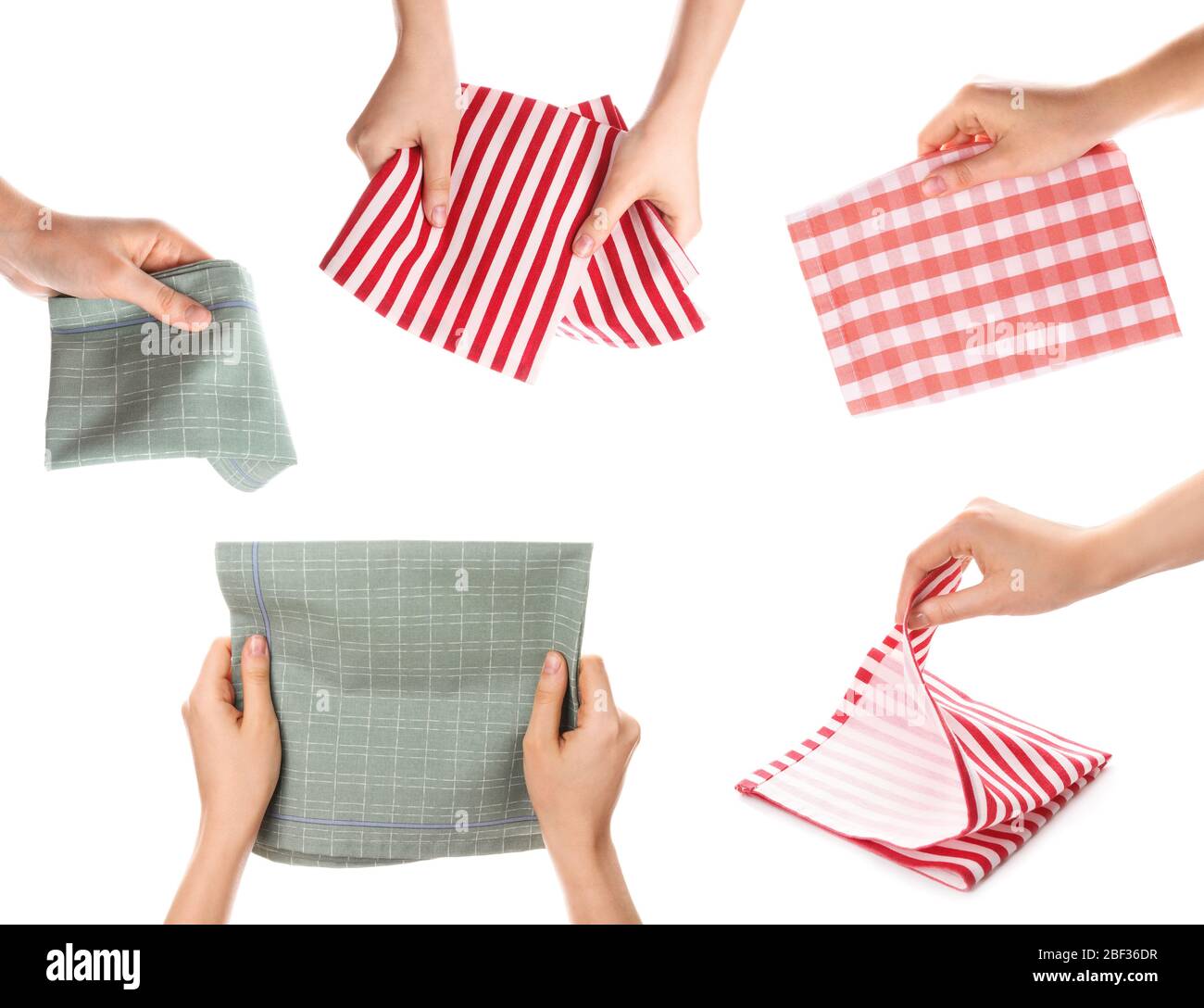 Female hands with clean napkins on white background Stock Photo - Alamy