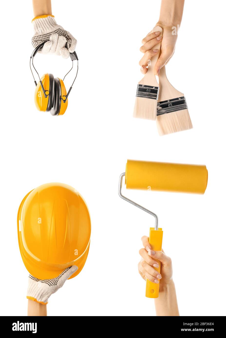 Female hands with builder's supplies on white background Stock Photo ...