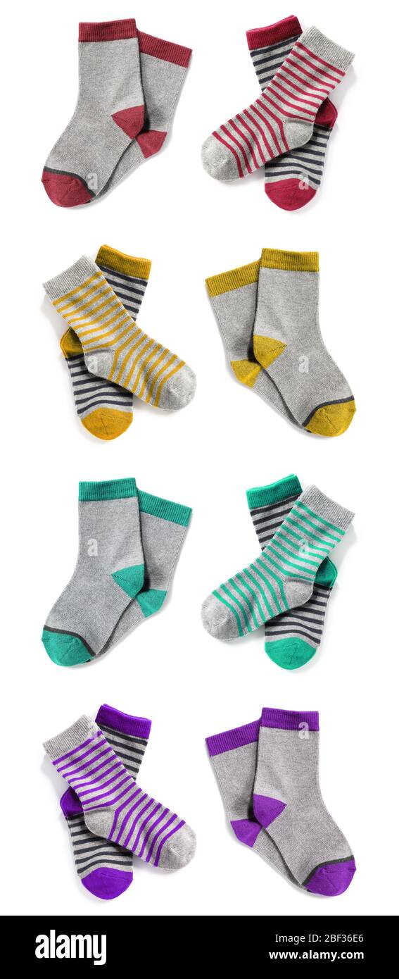 Many different socks on white background Stock Photo - Alamy