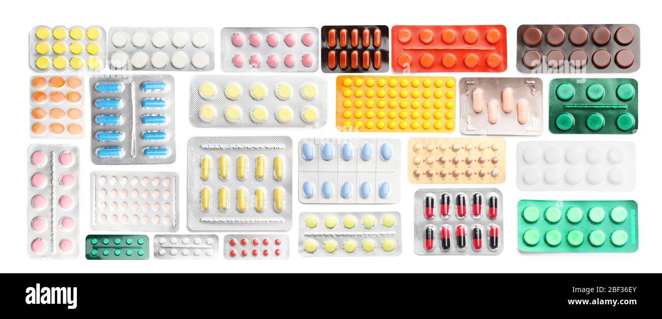 Many different blisters with pills on white background Stock Photo - Alamy
