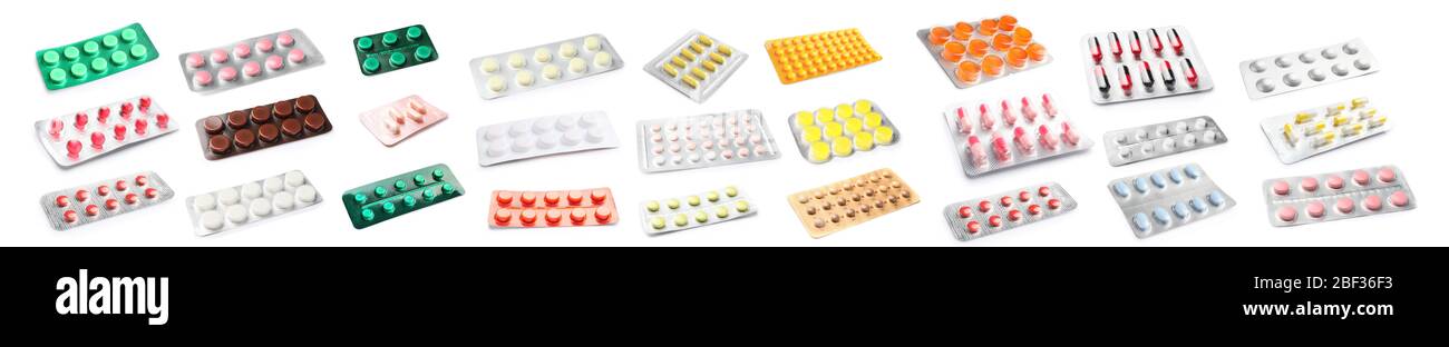 Many different blisters with pills on white background Stock Photo - Alamy