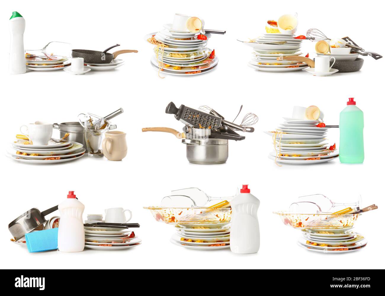Set of dirty kitchenware and dishware on white background Stock Photo ...