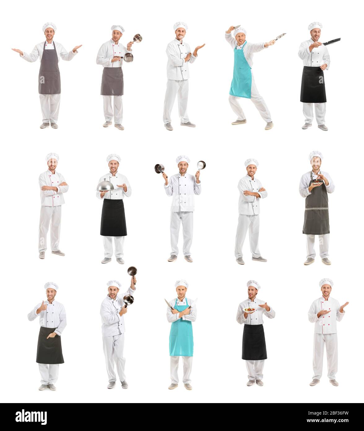 Set with handsome male chef on white background Stock Photo - Alamy