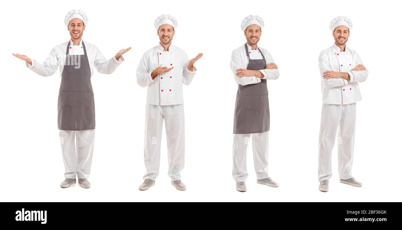 Set with handsome male chef on white background Stock Photo - Alamy