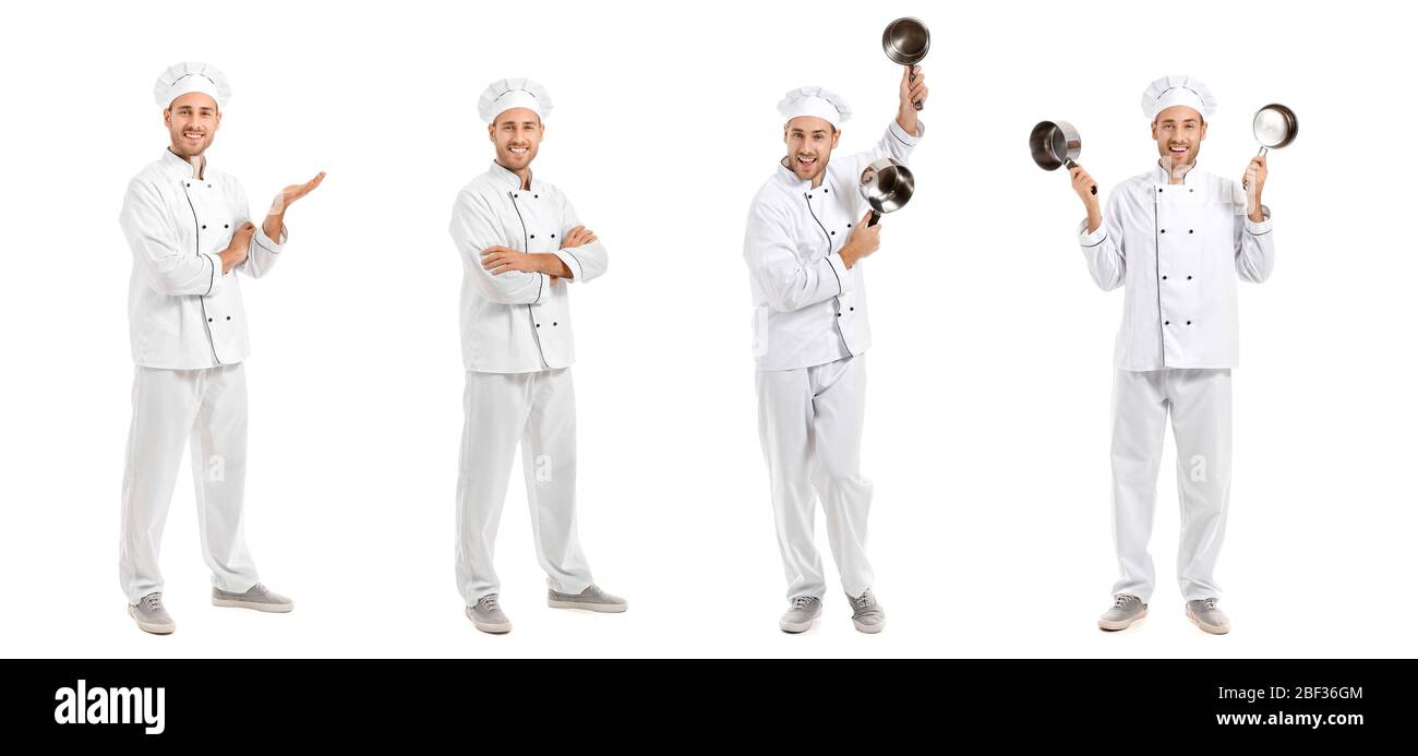 Set with handsome male chef on white background Stock Photo - Alamy