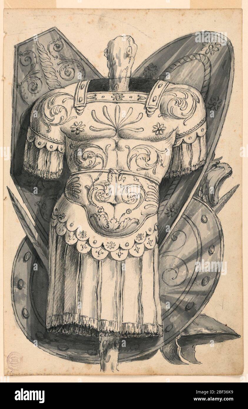 Trophy with Weapons. An upright cuirass in front of shields, helmets ...