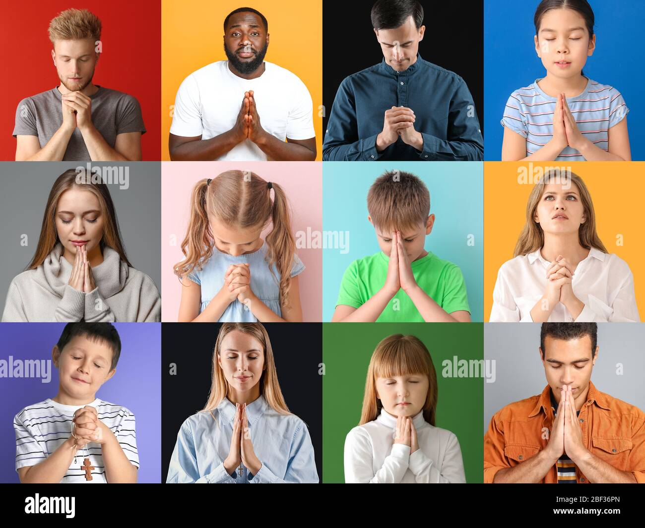 Set of praying people on color background Stock Photo - Alamy
