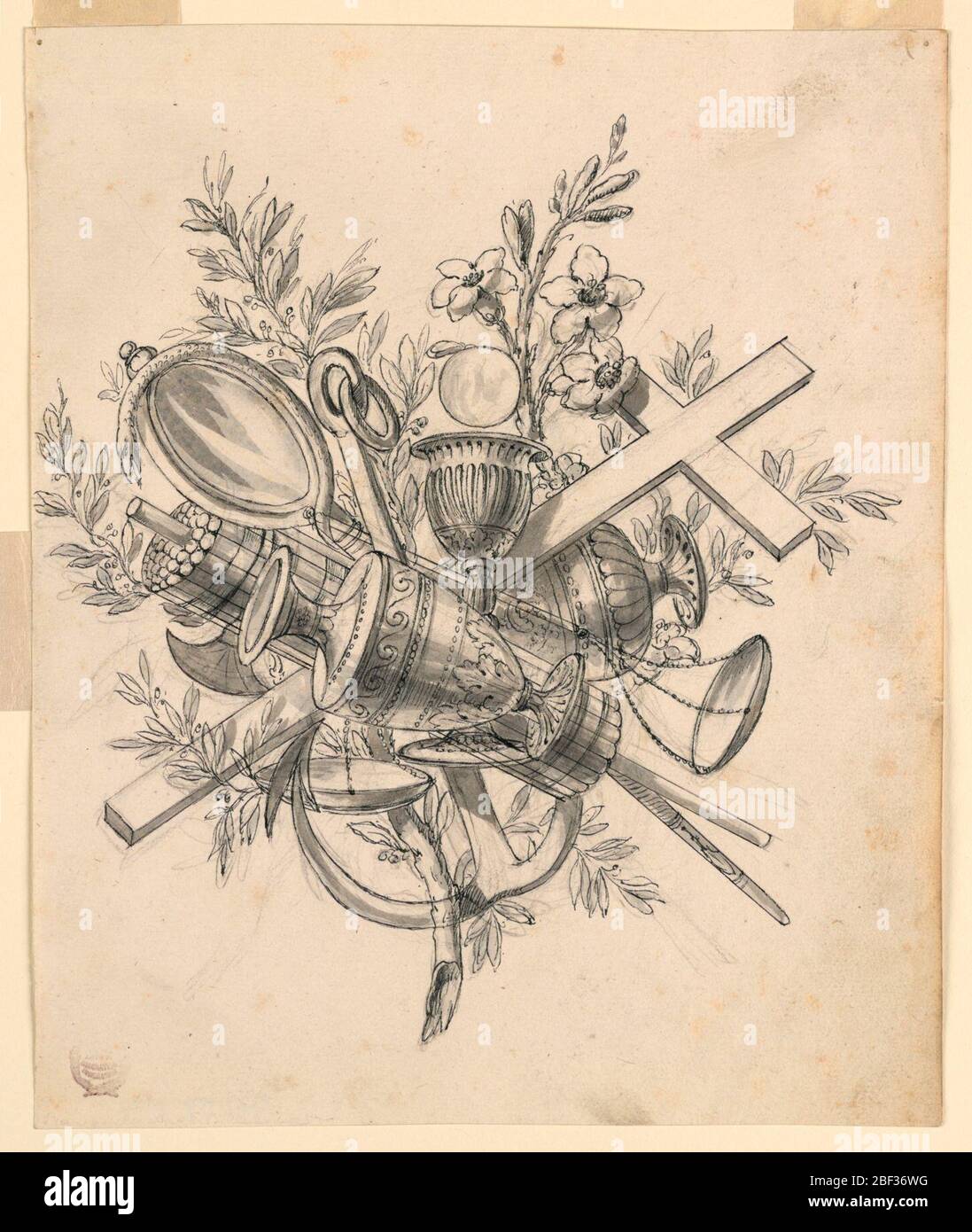 Trophy with Symbols of the Virtues. An assembly of a pitcher, a chalice ...