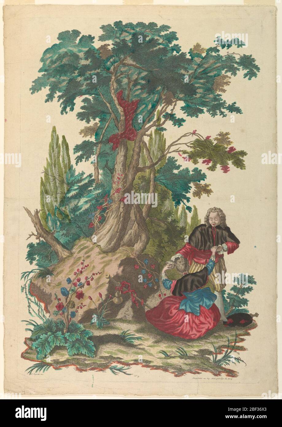 Print. A man helps a woman rise, taking her hands. beneath a large tree ...