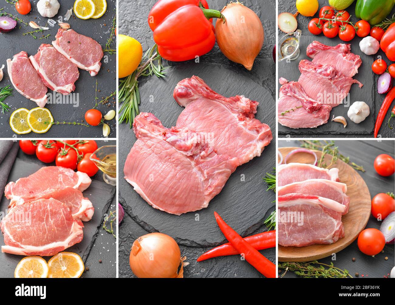 Collage of photos with raw pork meat and vegetables Stock Photo - Alamy