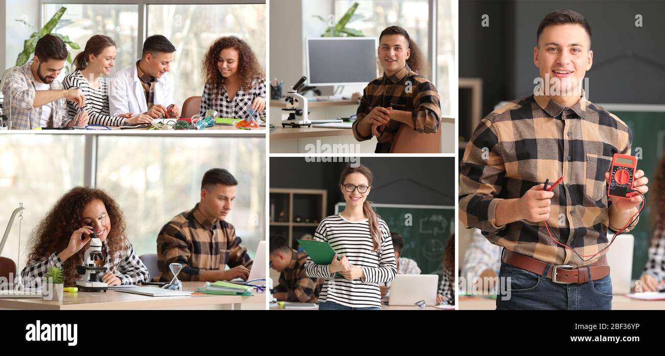 Collage of photos with young people at physics lesson in classroom ...