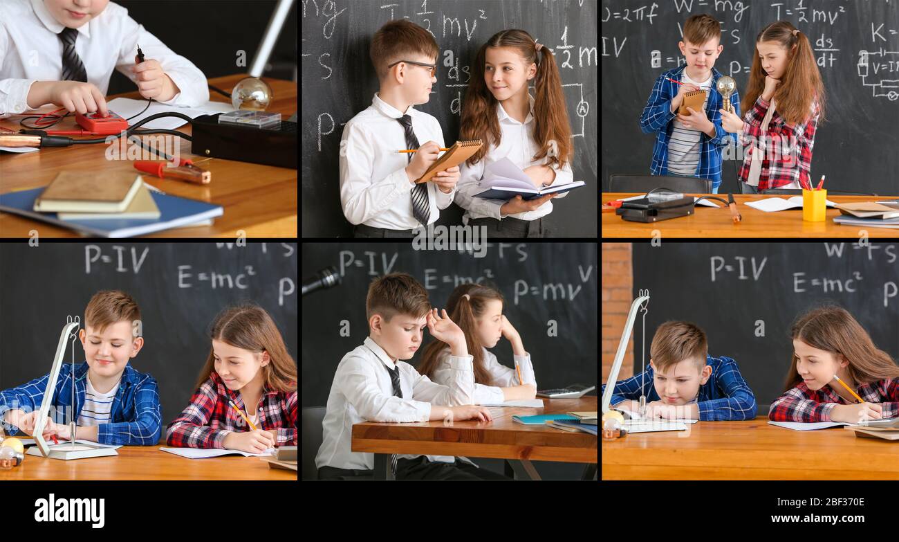 Collage of photos with cute little children at physics lesson in ...