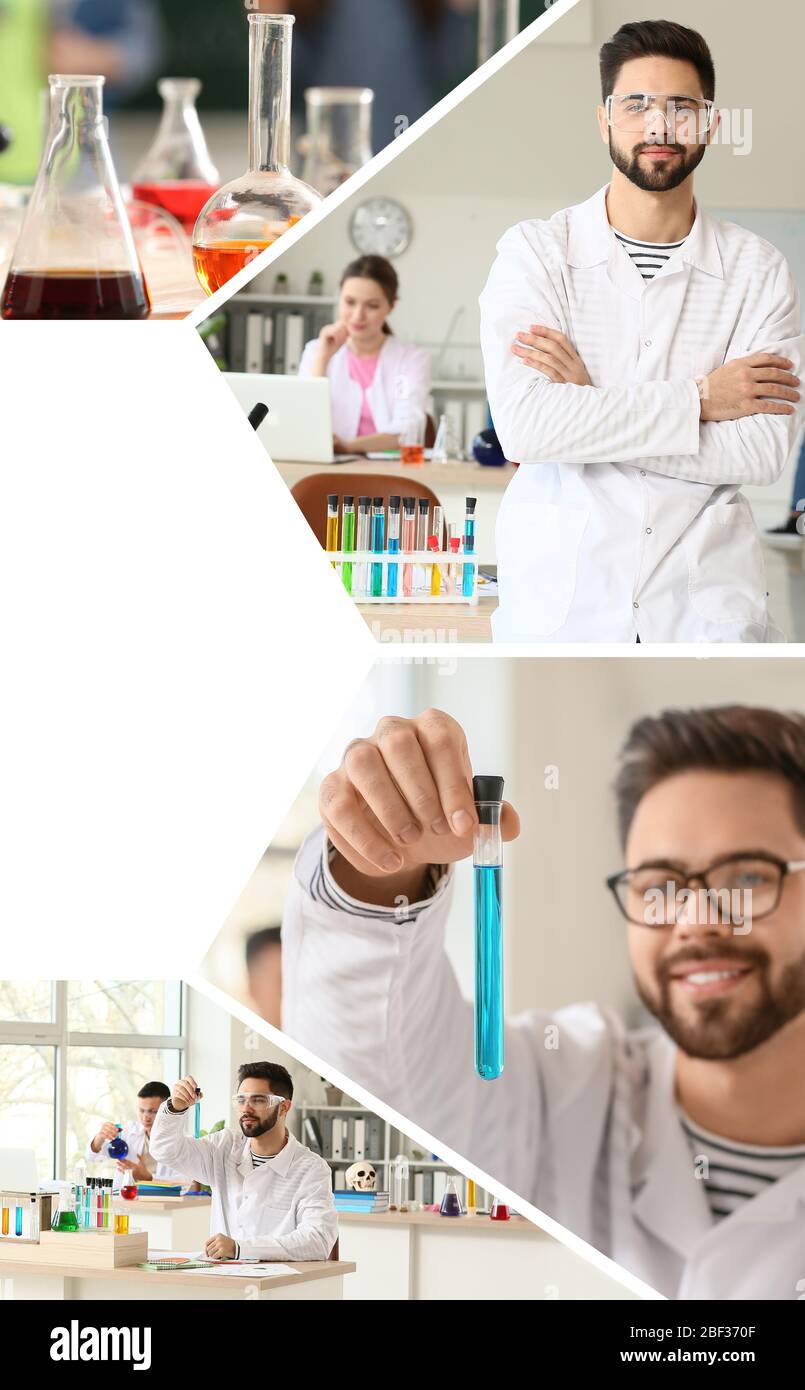 Collage of photos with young people at chemistry lesson in classroom ...
