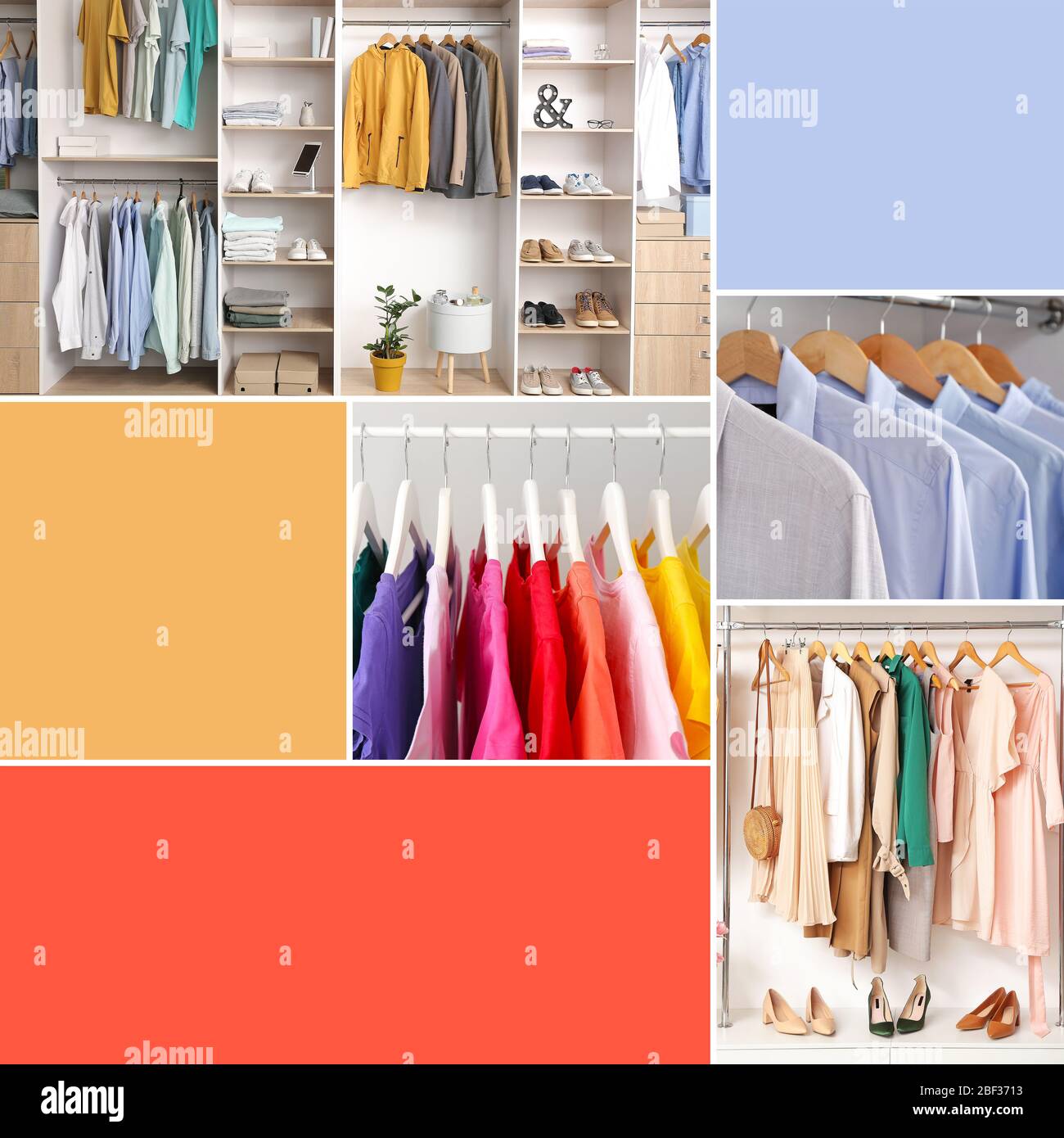 Collage of photos with modern wardrobe. Different color patterns Stock ...