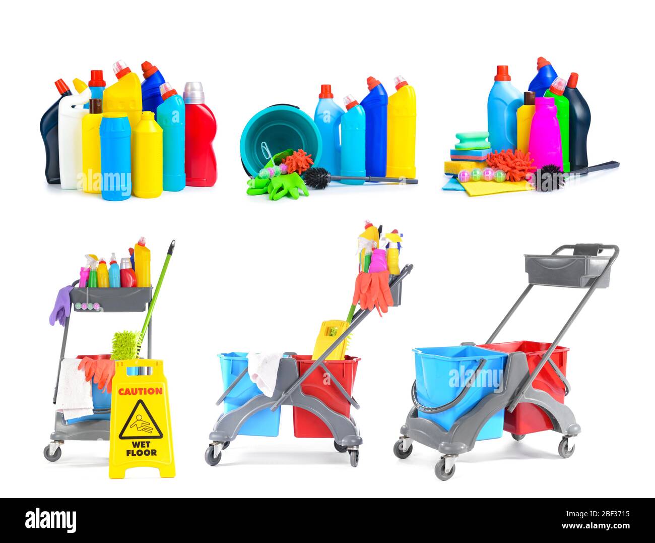 Set of cleaning supplies on white background Stock Photo - Alamy