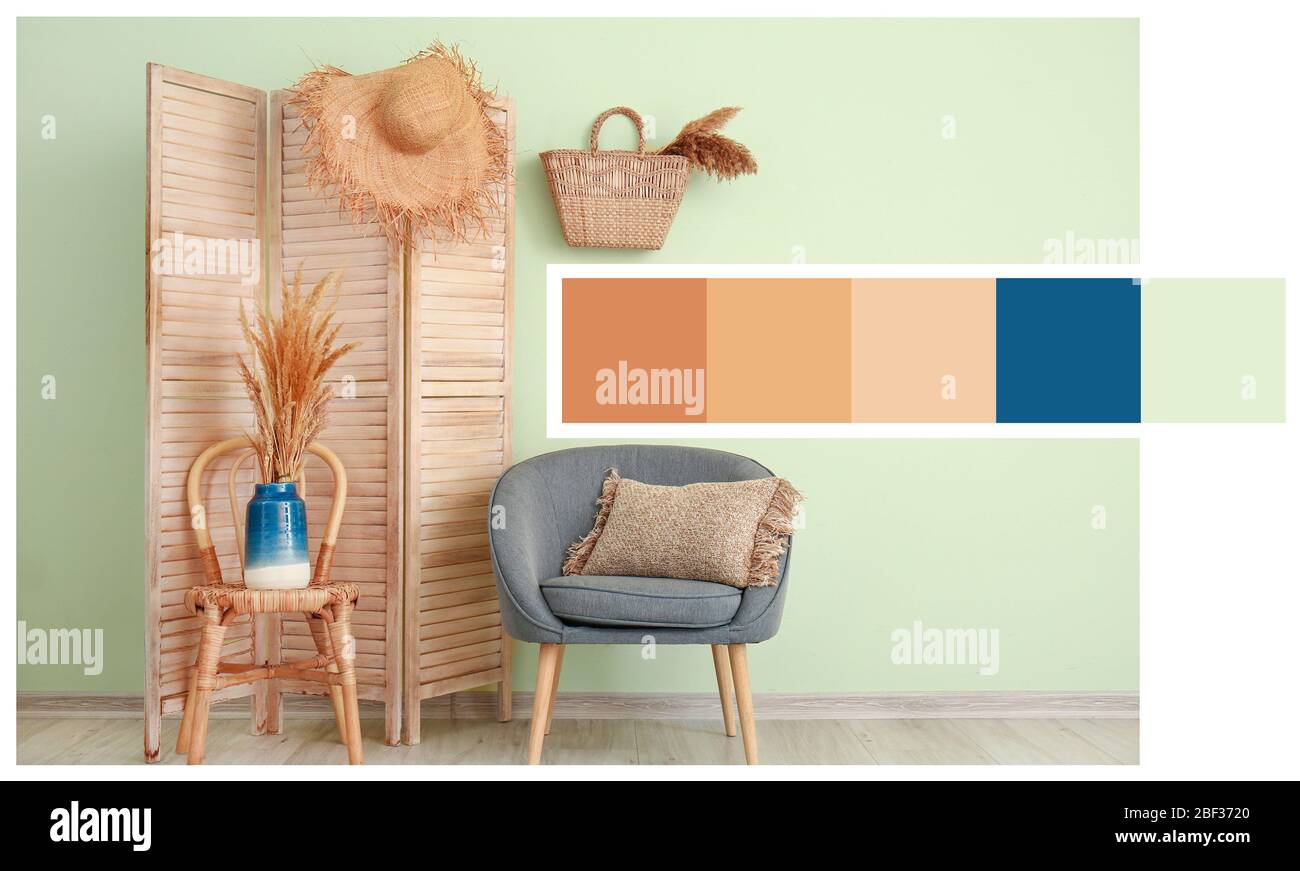 Interior of beautiful modern living room. Different color patterns ...