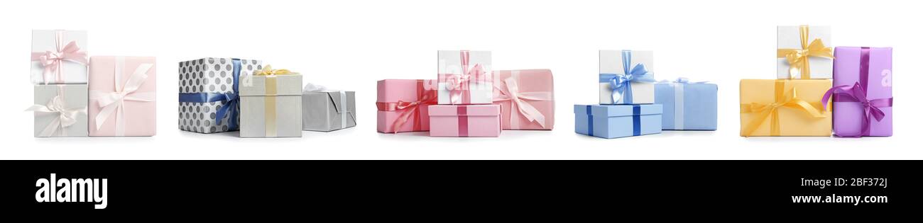 Many beautiful gift boxes on white background Stock Photo - Alamy