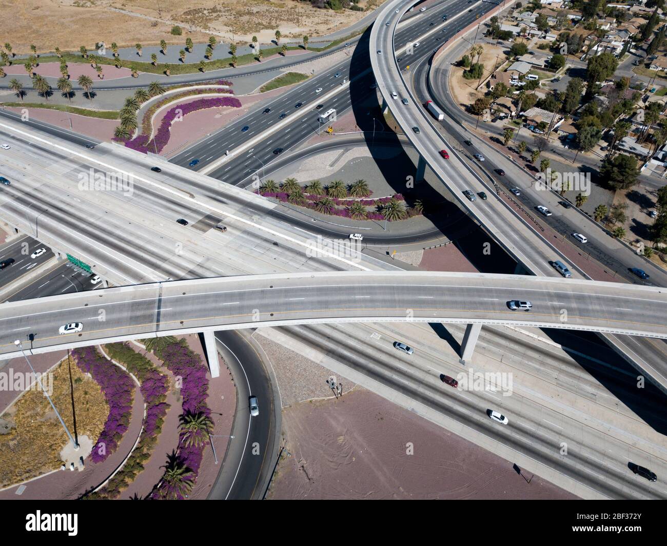 Aerial view above the junction of the 60, 91 and Interstate 215 ...