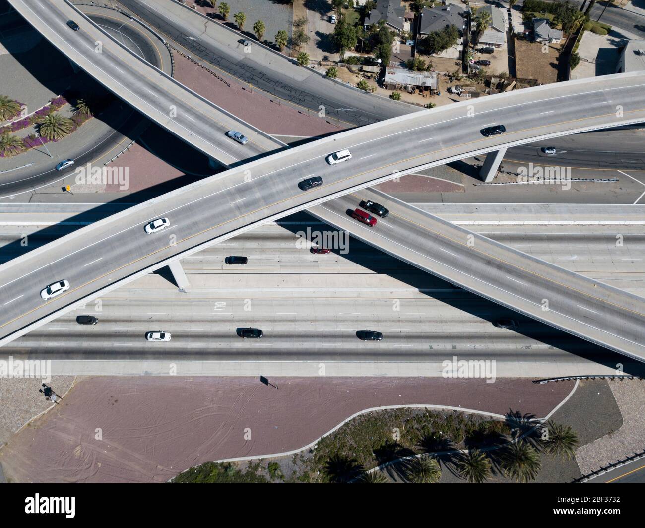 Aerial view above the junction of the 60, 91 and Interstate 215 ...