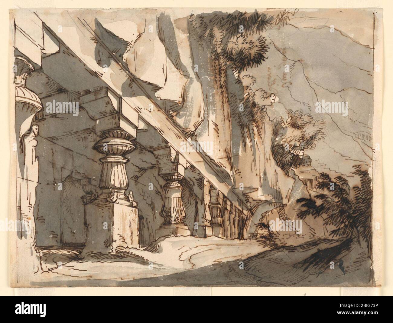 Stage Design Cave and Temple. Horizontal rectangle. Caves in rocks with ...