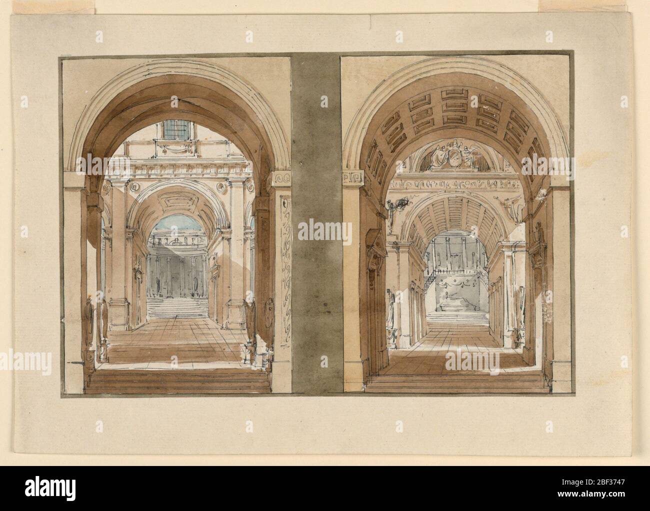 Stage Designs Views into Palace Courts. Horizontal rectangle. Two ...