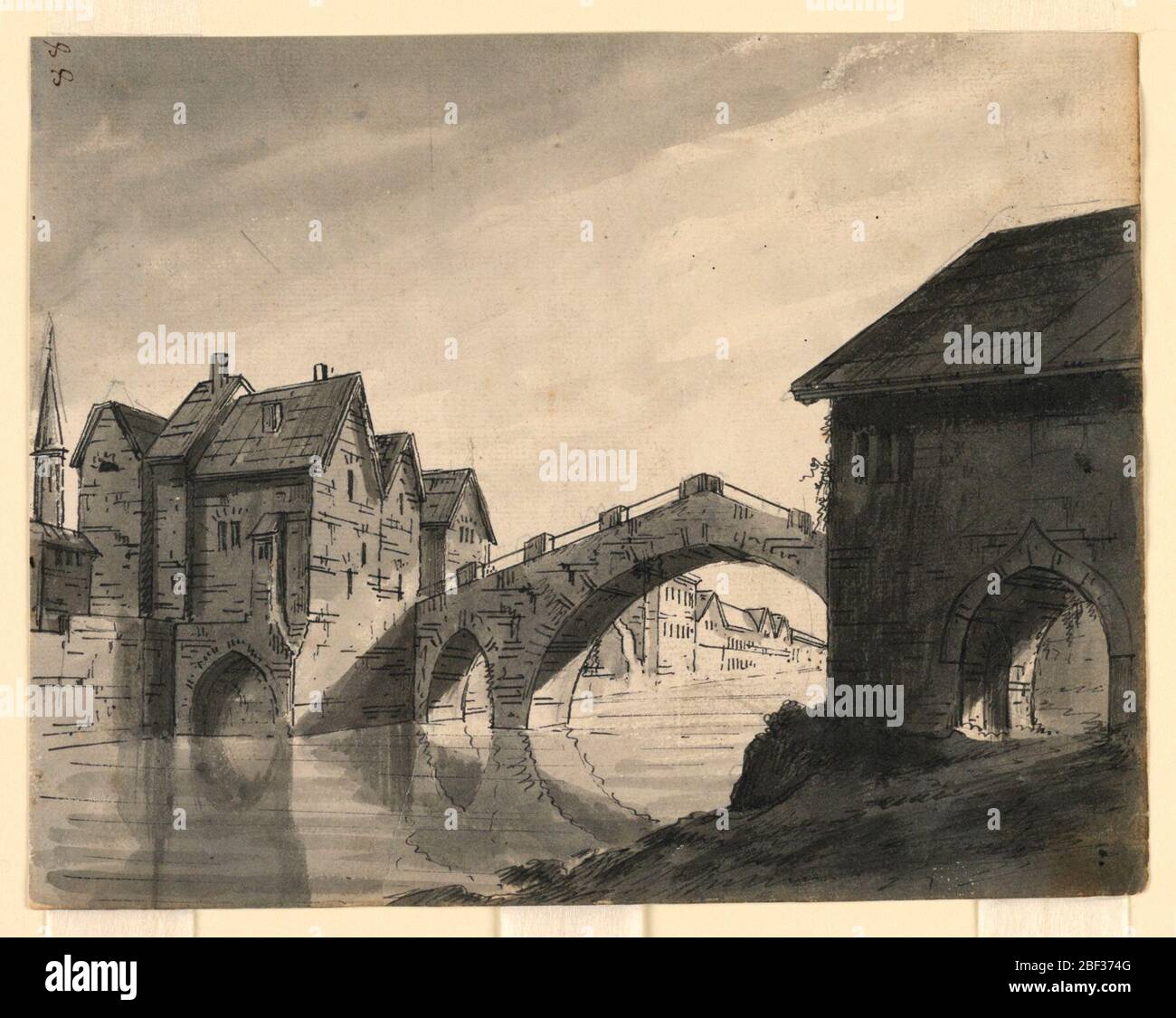 Stage Design Bridge Over River in a Town. Horizontal rectangle. Bridge ...