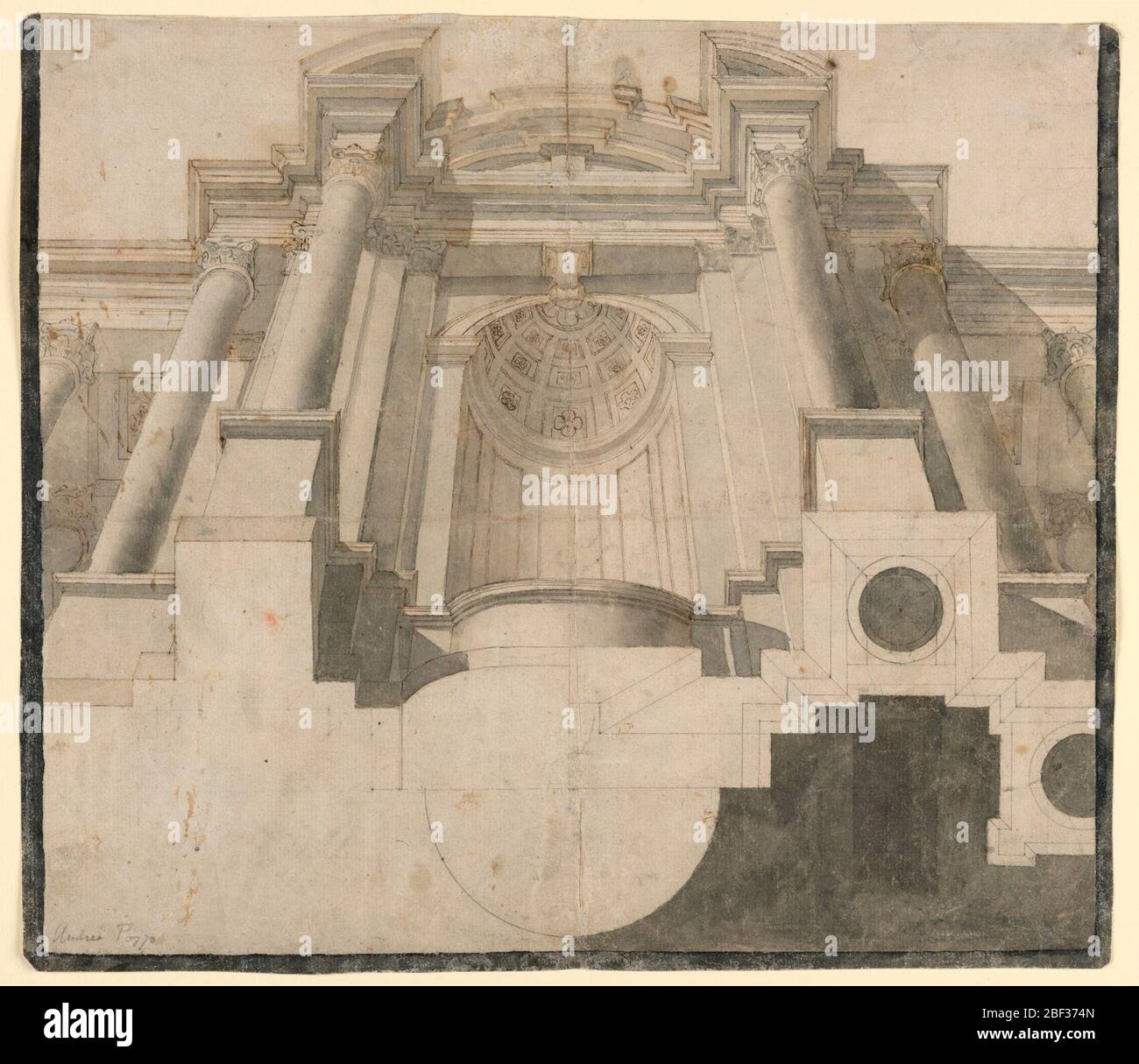 Architectural detail. View from below of a colonnade, having a niche in ...