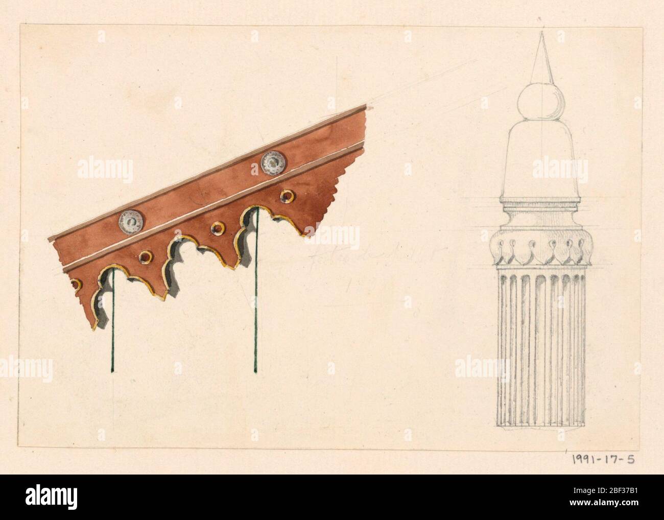 Ornamental woodwork detail. Design for a cornice and a column. Right ...