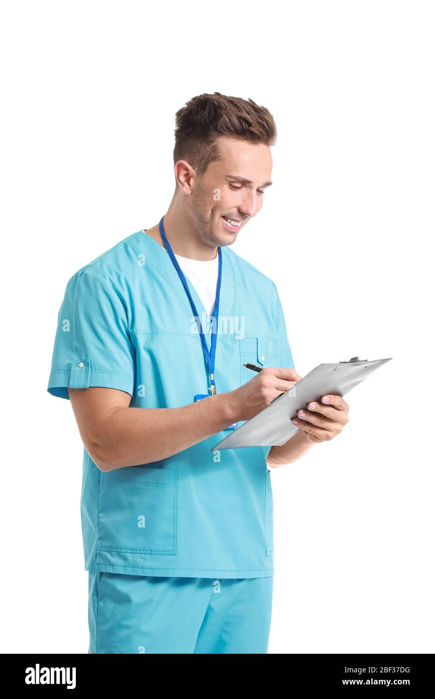 Portrait of male receptionist in medical uniform on white background ...