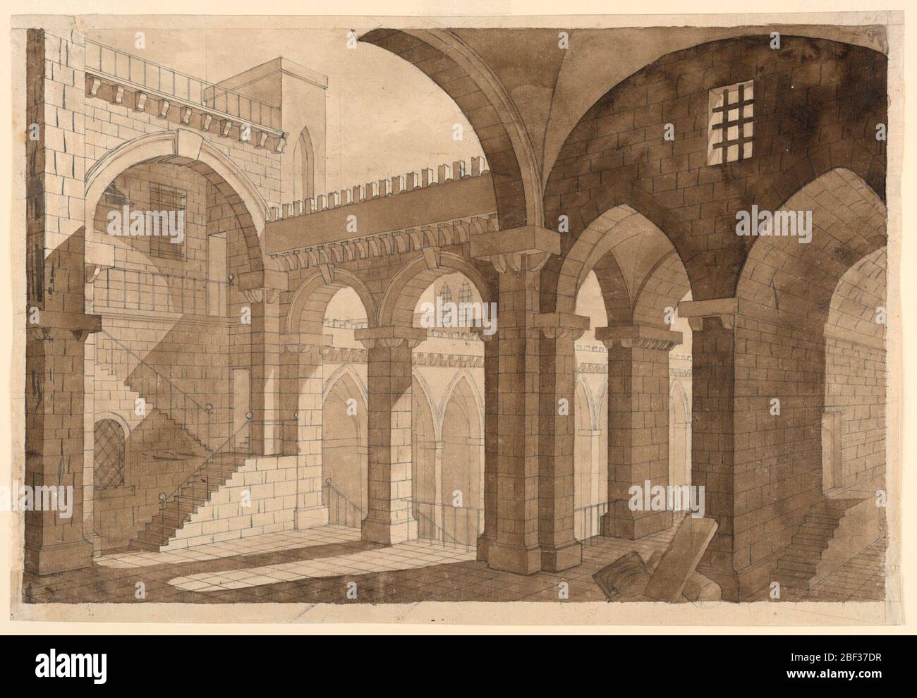 Stage Design Prison in Gothic Building. Horizontal rectangle. The upper ...