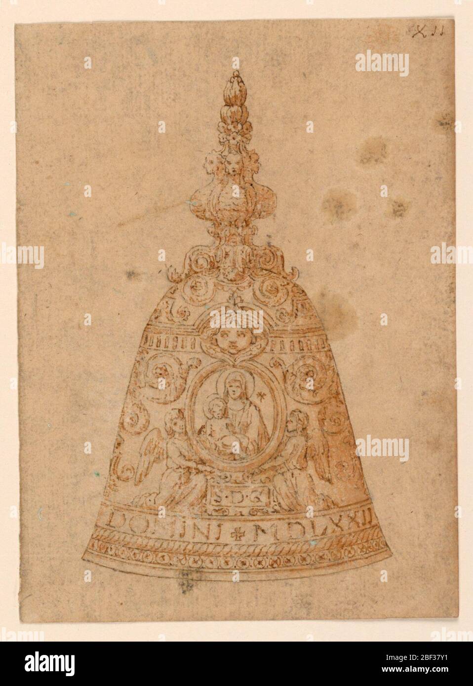 Hand bell. Vertical rectangle. The handle consists of birds with woman ...