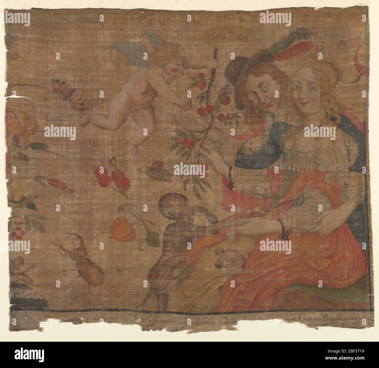 Sense of Taste. Panel of natural colored linen plain cloth painted in ...