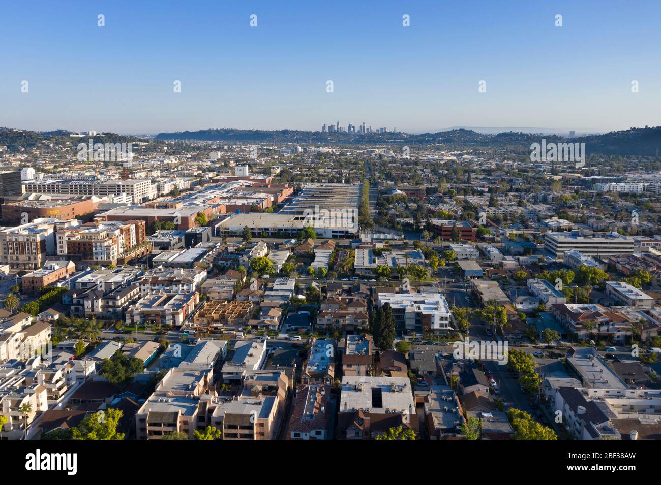 Aerial view looking towards downtown Los Angeles from above central ...