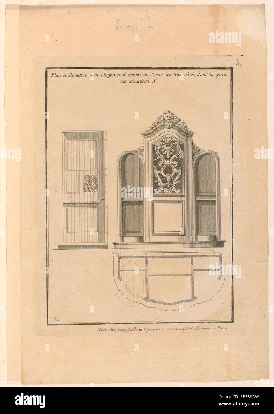 Design for a Confessional no 5. An engraving showing the section, the ...