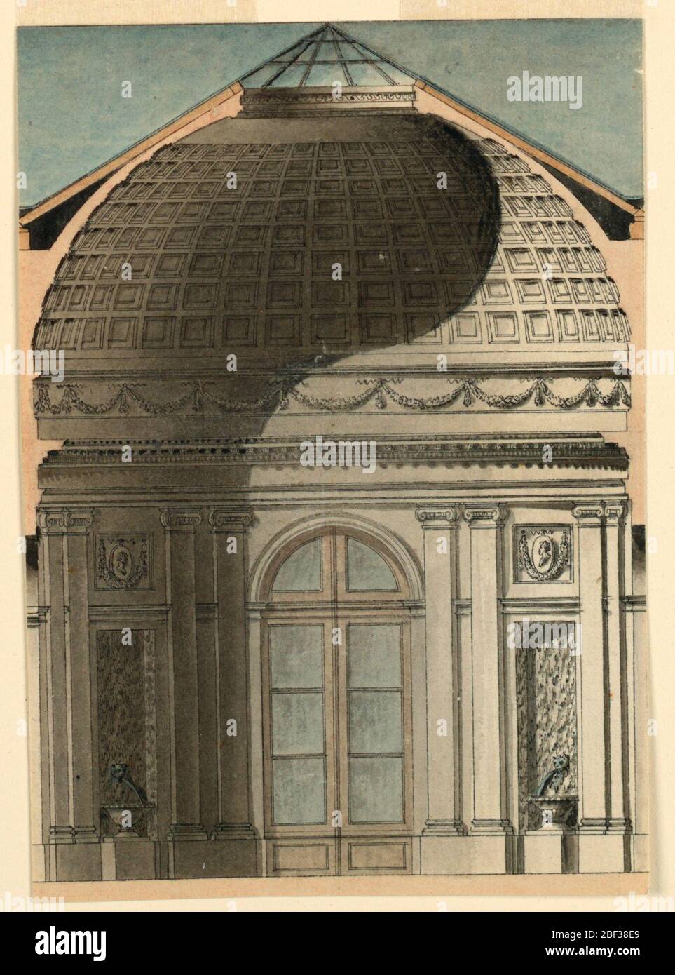 Section of a Circular Pavilion. Pairs of pilasters separate the wall ...