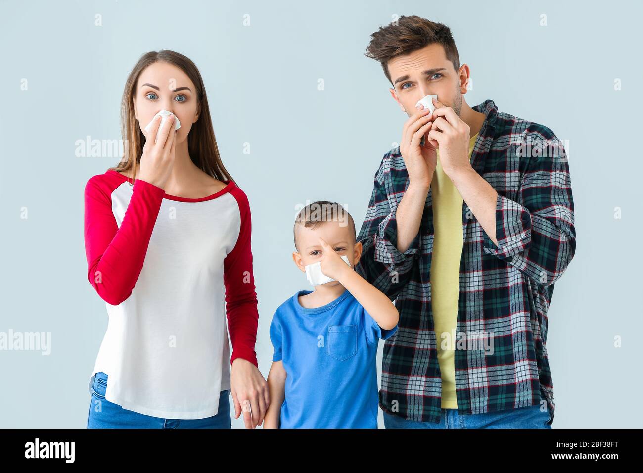 Family suffering from allergy on light background Stock Photo - Alamy
