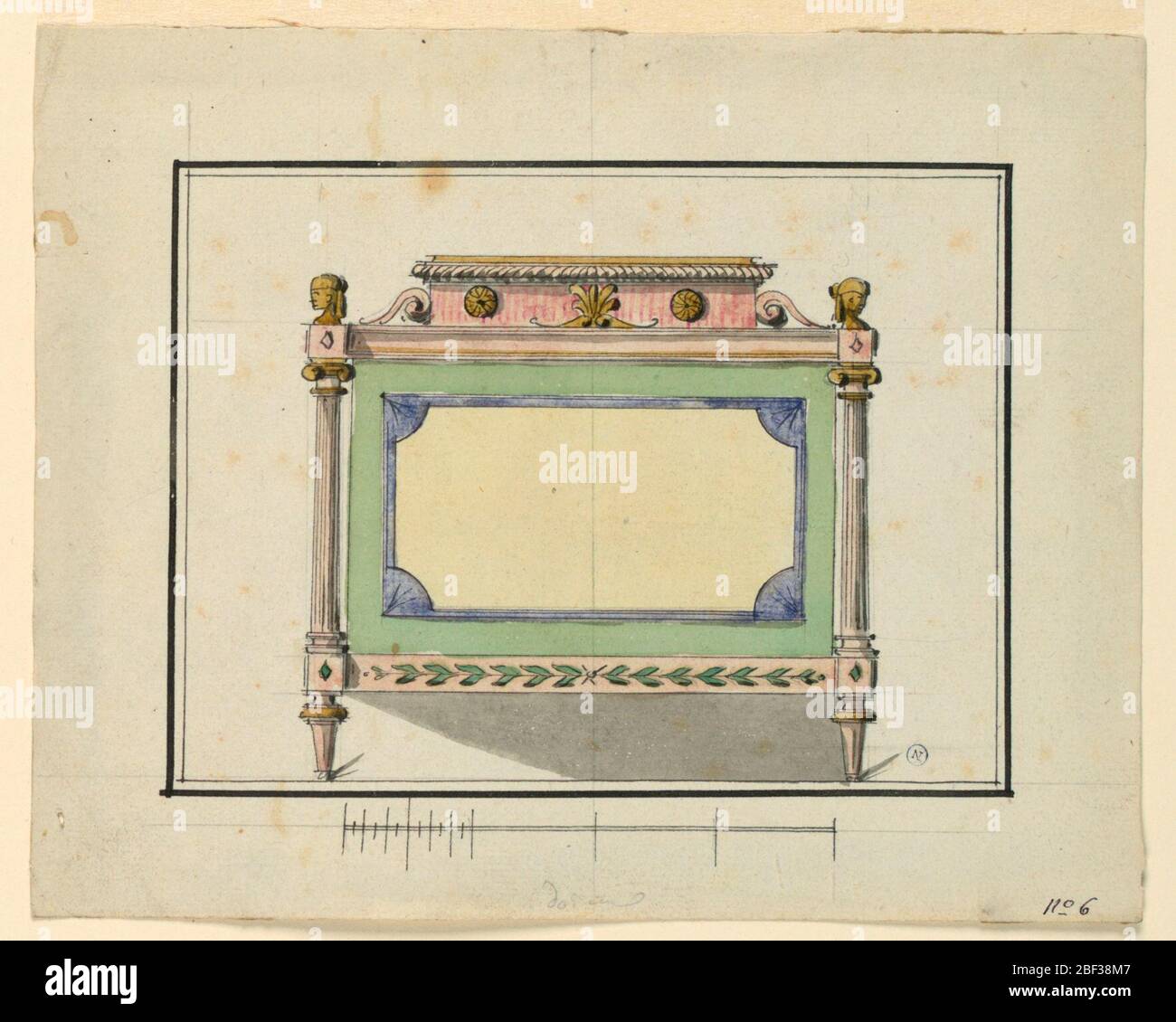 Design for a Beadstead. Busts of women are shown in profile on top of ...