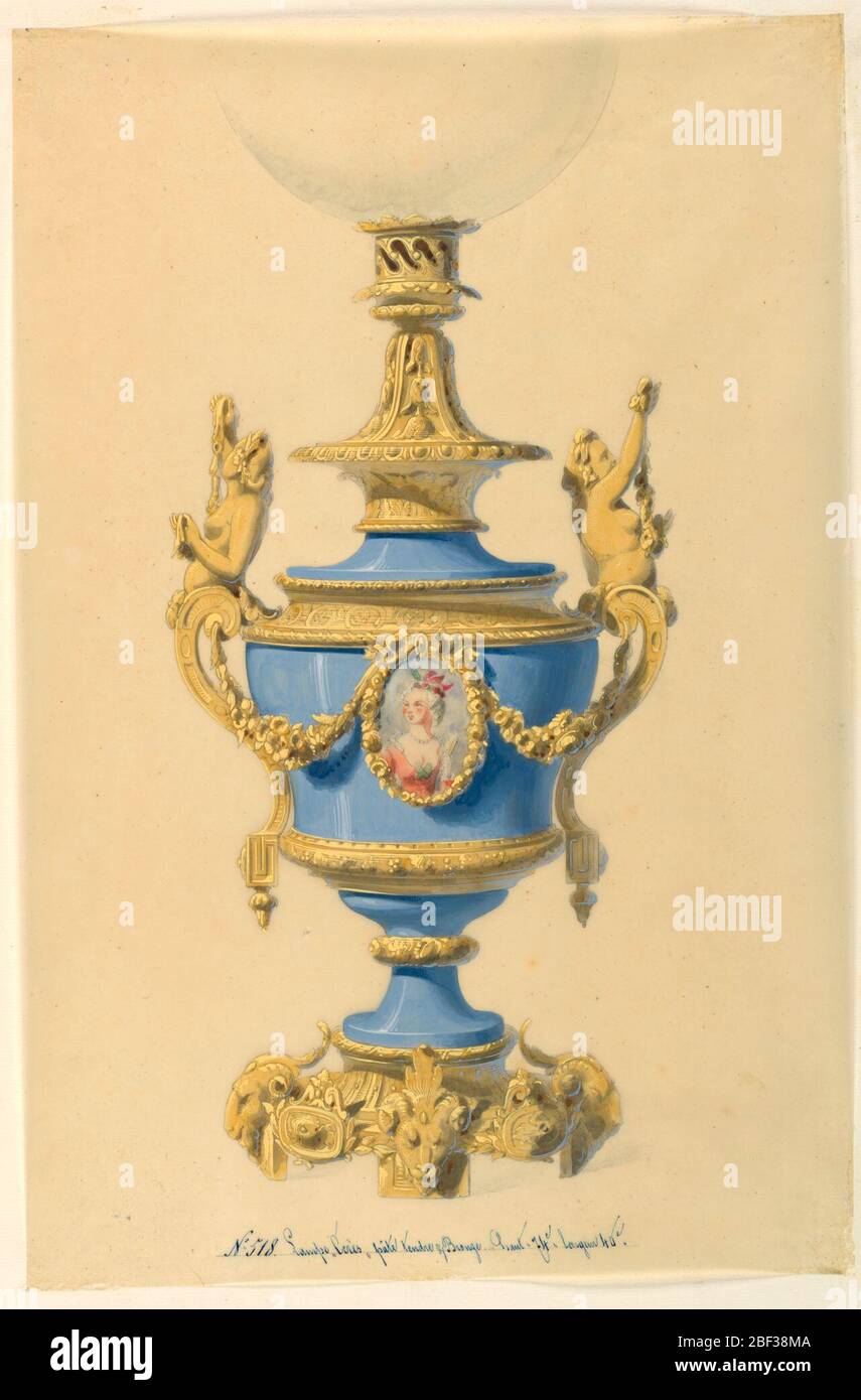 Design for an Oil Lamp. The body of the lamp is a blue porcelain vase ...