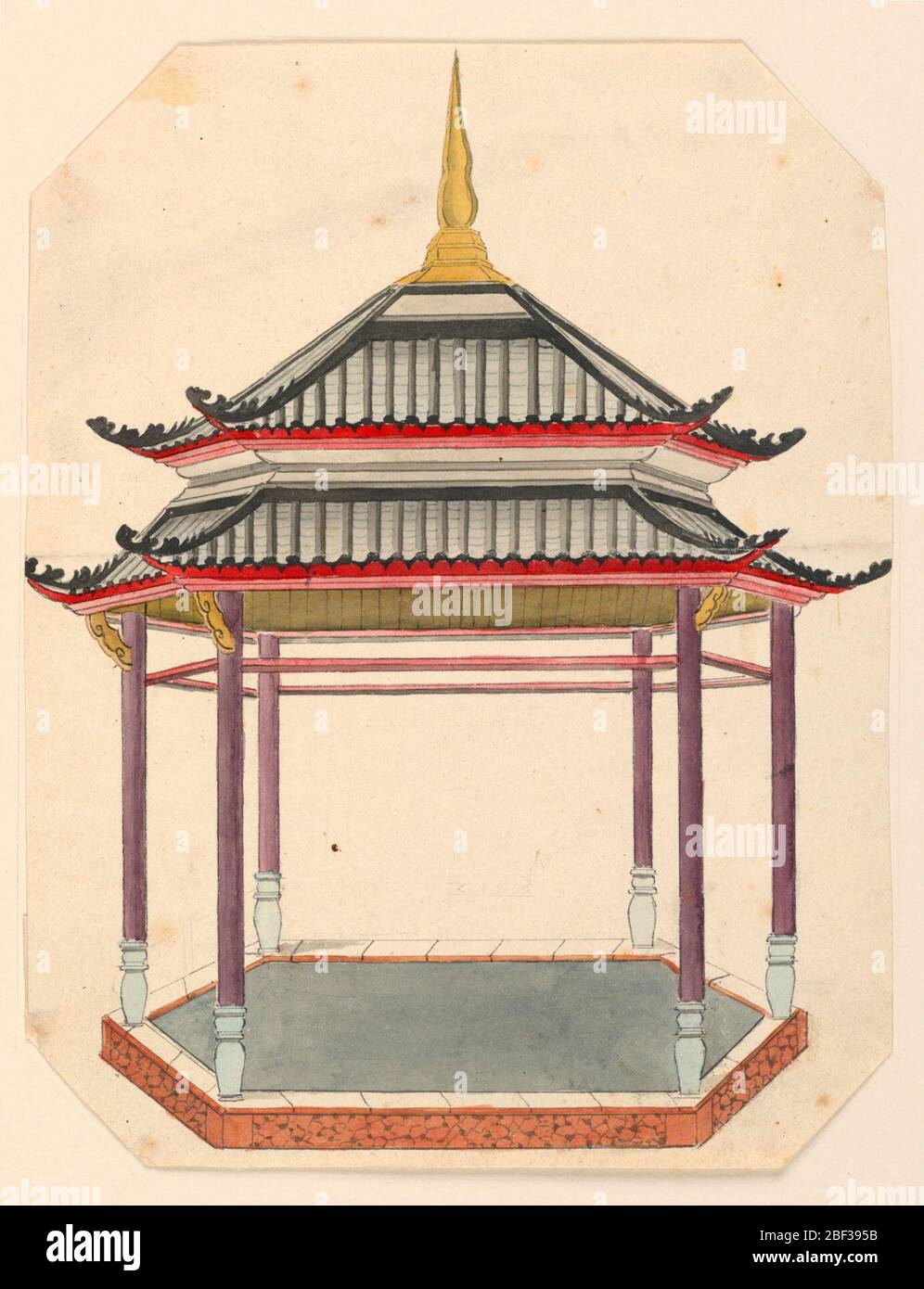 Design for a Chinese Pavilion. Vertical rectangle. A building hexagonal ...
