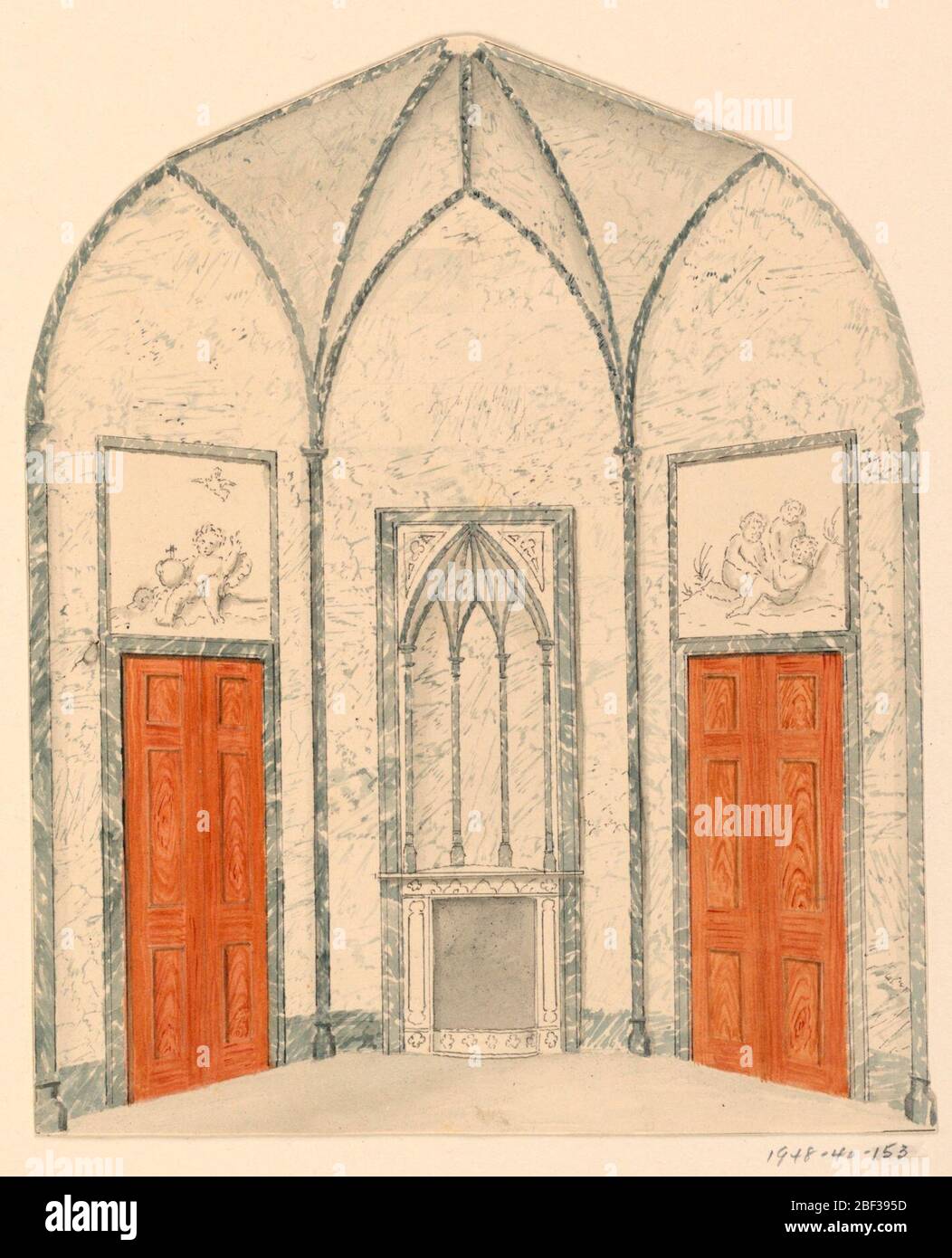 One end of an Octagonal Room in Gothic style. Elevation of a marbelized ...